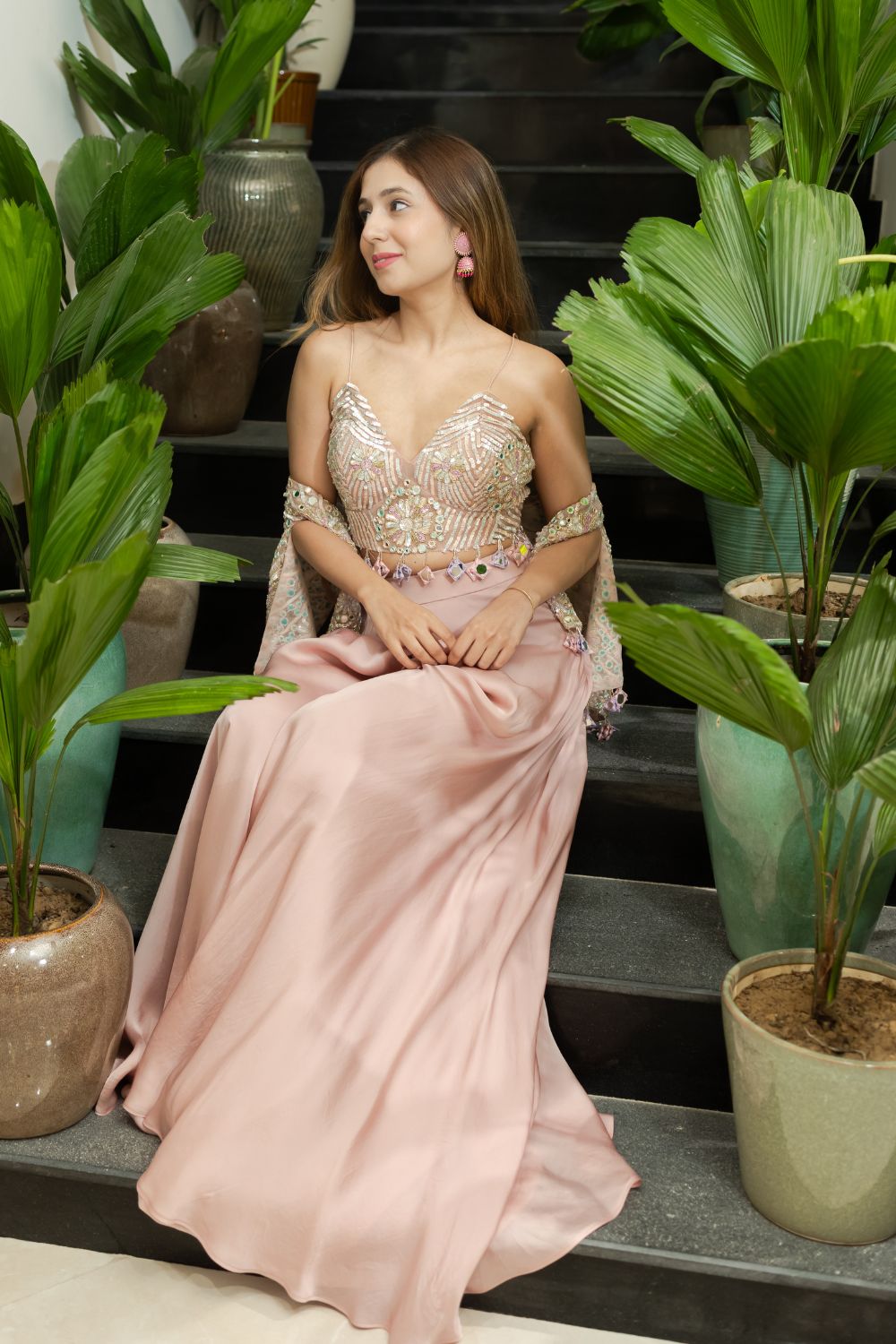Aashna Rai in Rose Gold Flare Pant Set with Mirror Work – Swish By Dolcy & Simran