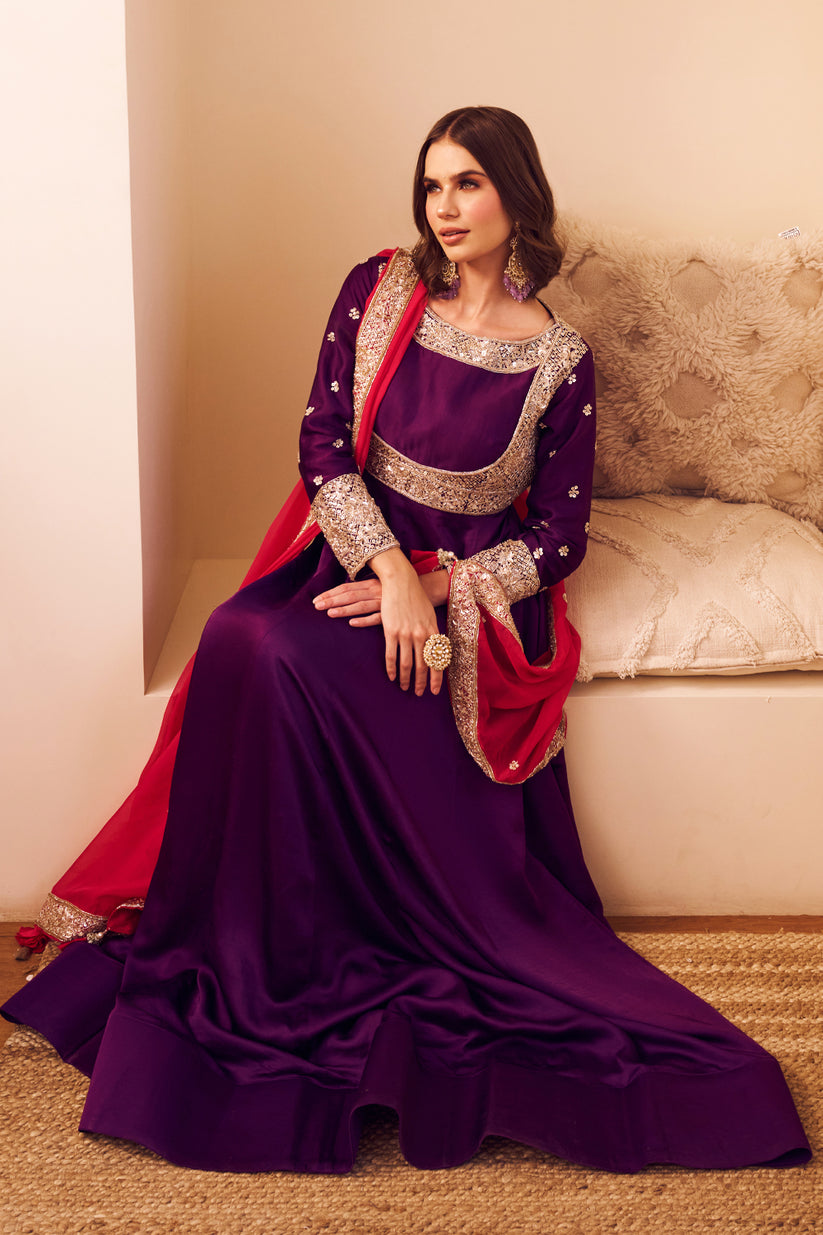 Meherbaan Purple Satin Silk Lining Shantoon Bahar Flora Anarkali Set ...