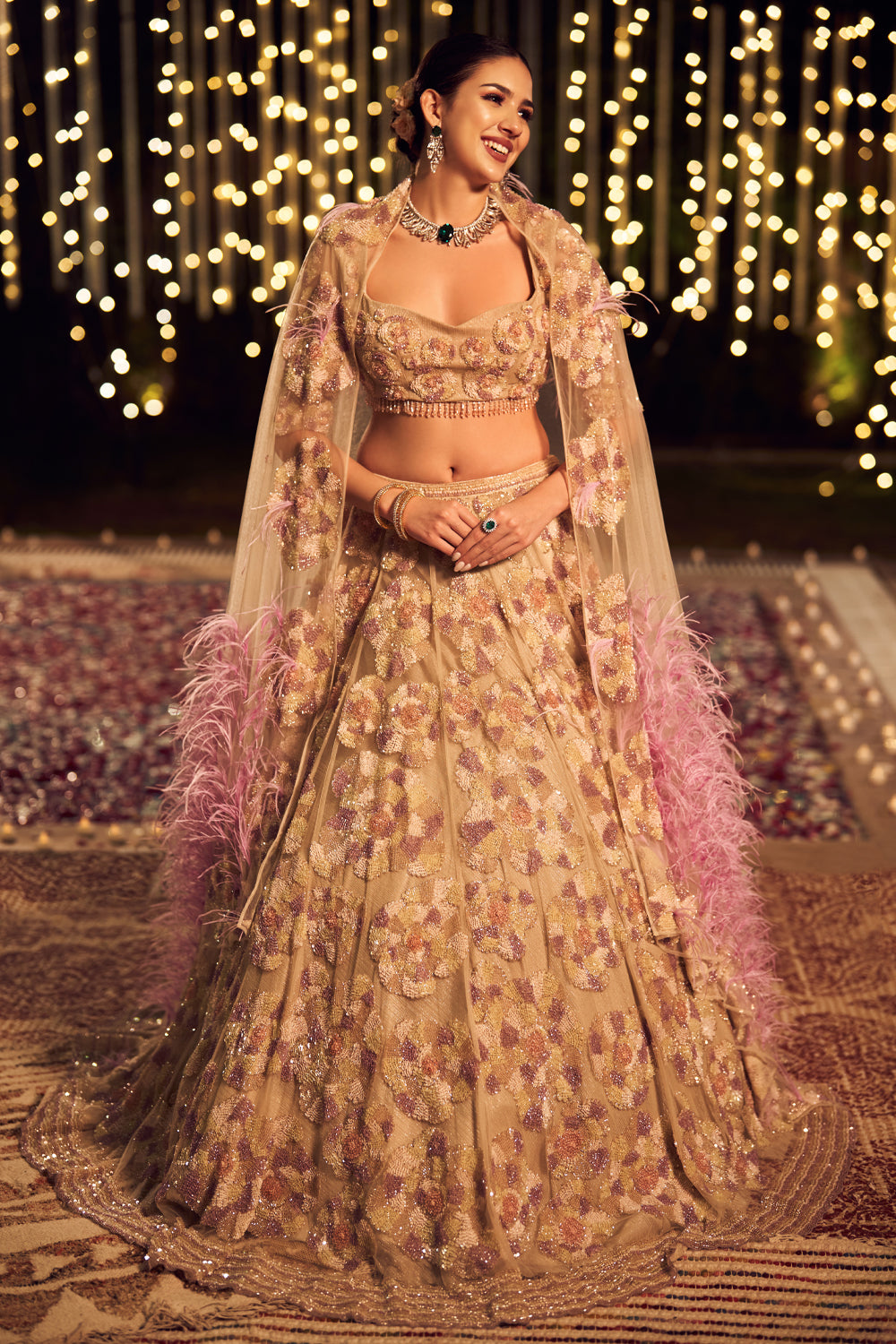 Champagne Luxe Lehenga Bridal Net Embellished Blouse and Lehenga with ...