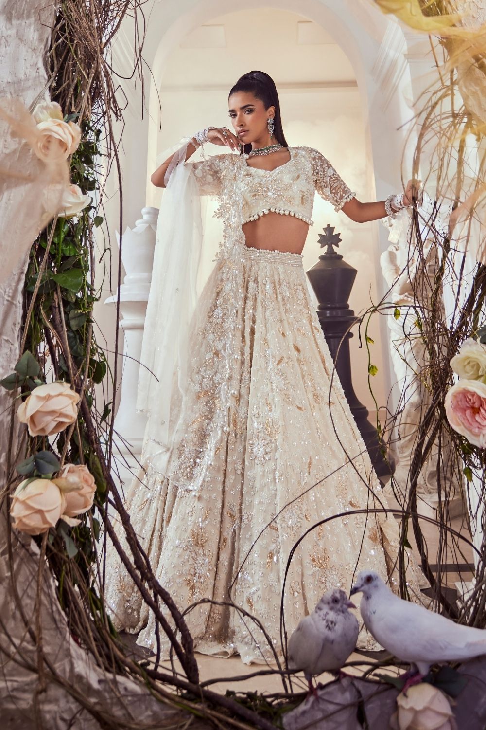 Amalia Ivory Hand Embellished Crepe and Kora Fish-cut Pearl Bridal Leh ...