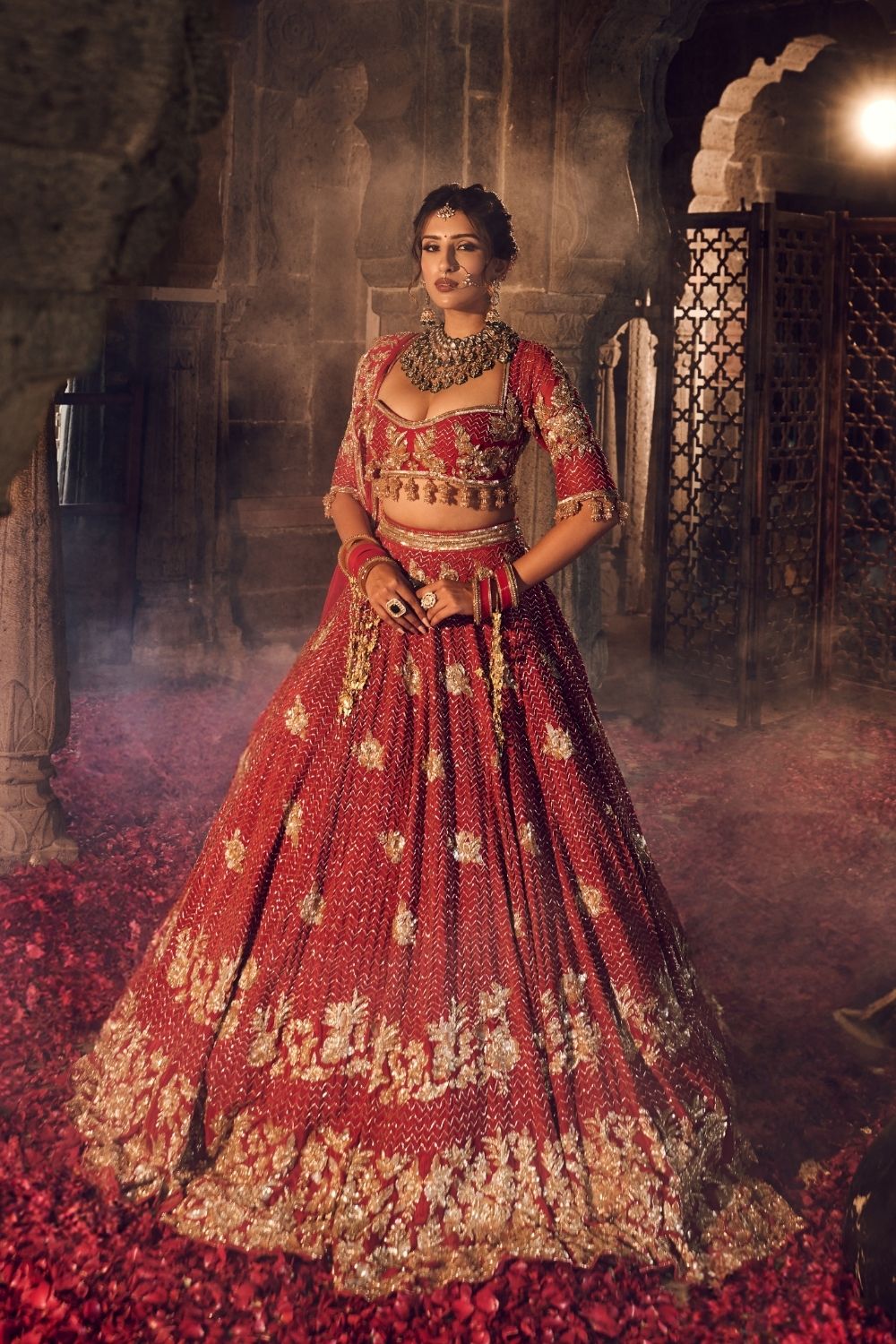 Mariam Deep Red Crepe Kora Organza Lining Shantoon Bridal Lehenga Set – Swish By Dolcy & Simran